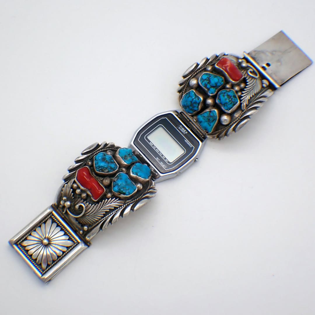 Navajo Watch Bracelet Sterling Silver Turquoise Coral Timex Watch - Etsy