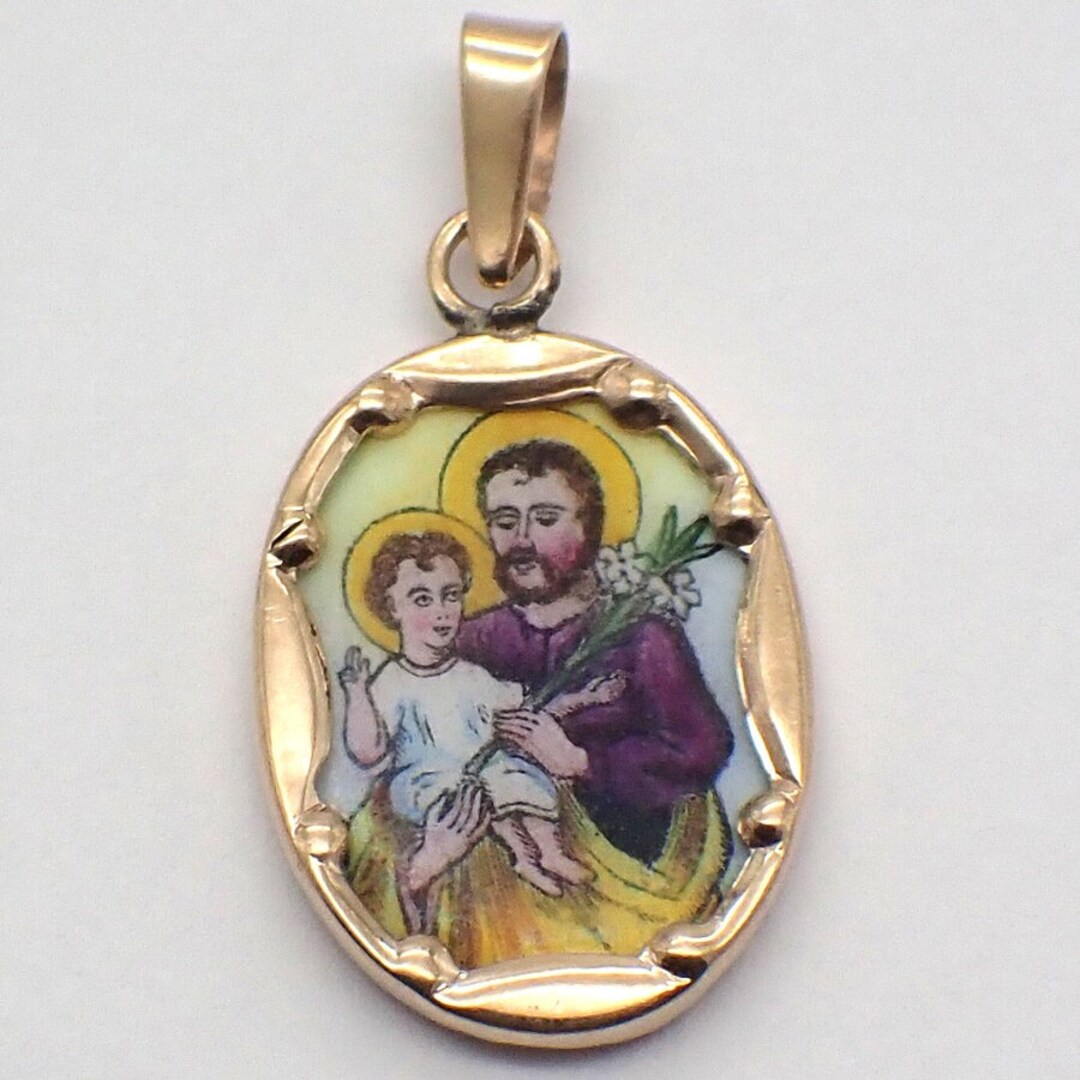 Saint Joseph Medallion Pendant Porcelain 14K Gold - Etsy