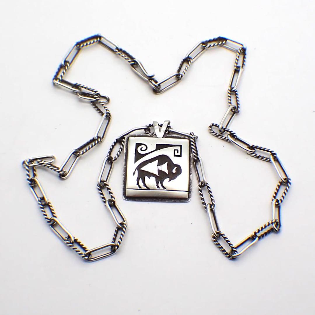 Native American Buffalo Pendant Chain Necklace Sterling Silver - Etsy