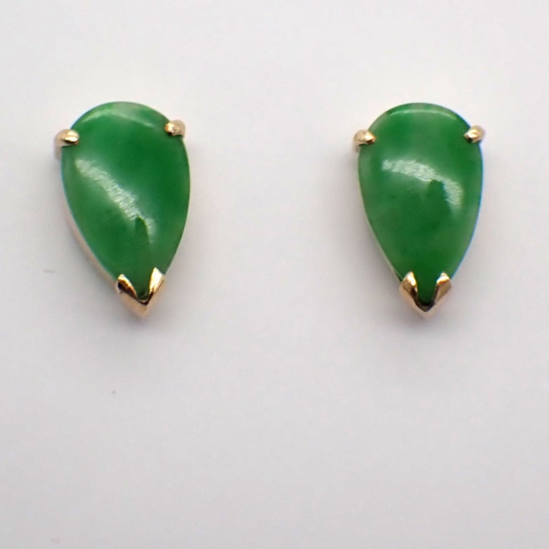Green Jadeite Jade Pear Shaped Stud Earrings 14K Yellow Gold - Etsy
