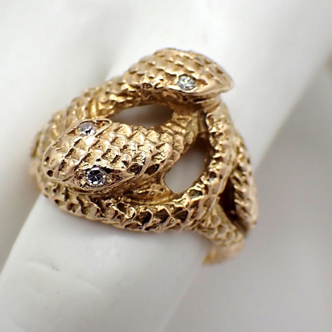 Double Serpent Snake Ring Diamond Eyes 14K Yellow Gold - Etsy