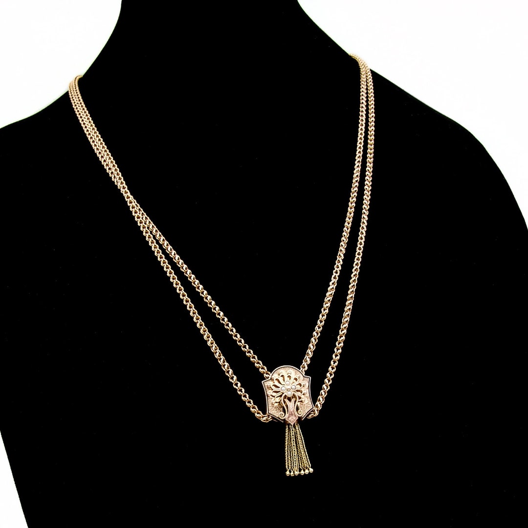 Victorian Long Chain Slider 14K Gold Seed Pearls Black Enamel - Etsy