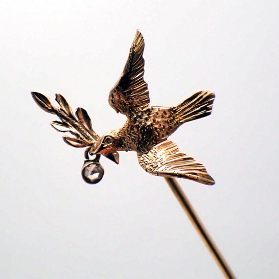 Dove With Olive Branch Stick Pin Diamond 14K Yellow G… - Gem