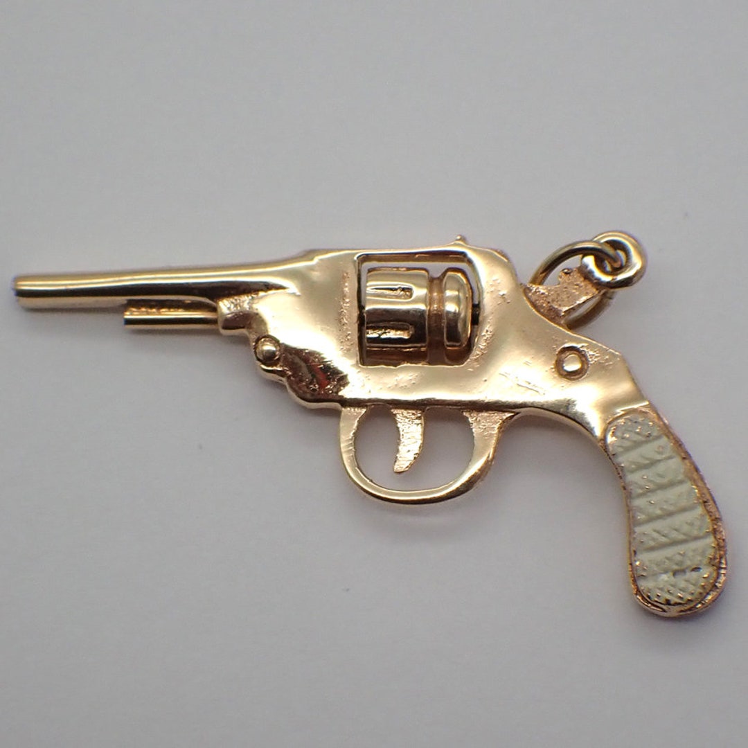 Pistol Gun Charm Pendant 14k Gold Enamel Spinning Drum - Etsy
