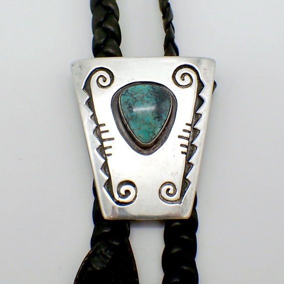 Native American Bolo Tie Turquoise Sterling Silver Le… - Gem