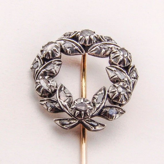Antique Diamond Wreath Stick Pin Silver 16K Rose Gold - Gem