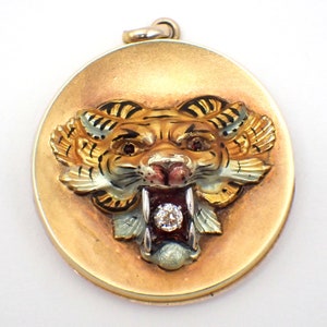 Art Nouveau Tiger Locket Pendant Diamond 10K Gold Enamel - Etsy