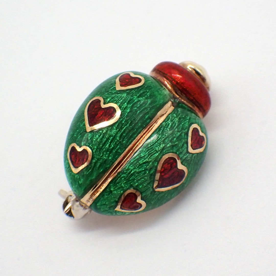 Enamel Ladybug Brooch Heart Spots 14K Gold - Etsy