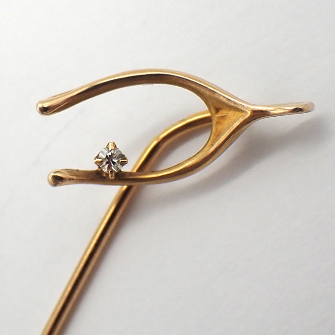 Wishbone Stick Pin 14K Yellow Gold Diamond Accent - Etsy