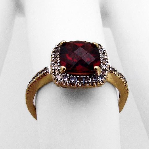 Checkerboard Cut Garnet Ring Diamond Halo 14 K Yellow Gold | Etsy