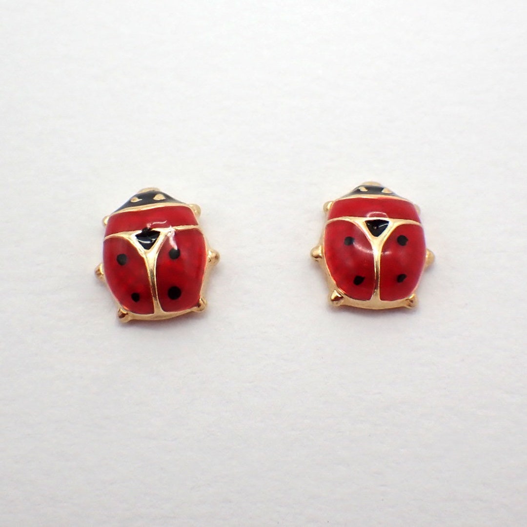 Ladybug Stud Earrings 14K Yellow Gold Enamel - Etsy