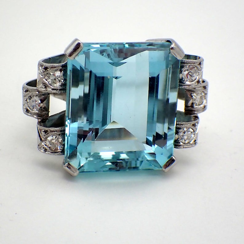 Art Deco Aquamarine Ring Diamond Accents 18K White Gold - Etsy