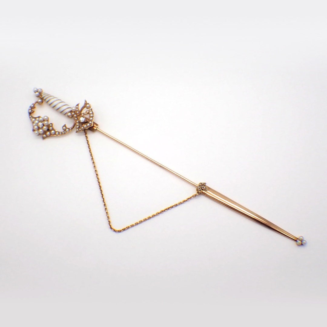 Sword Pin Jabot Brooch Enamel Seed Pearls Diamonds 18K Yellow Gold - Etsy
