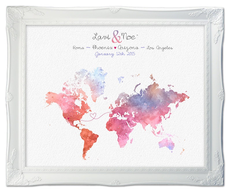 Custom World Map - Wedding Map - Long Distance - Watercolor Map ...