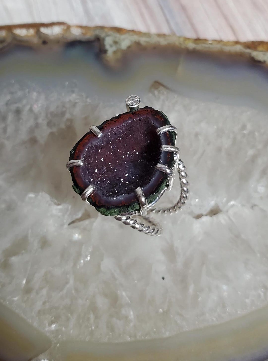 Diamond and Mini Geode Sterling Silver Statement Ring Natural Crystal ...