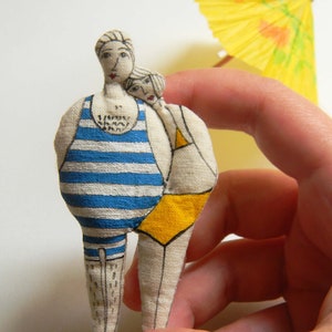 Swim Couple Brooch / Bathers Textile Art Soft Sculpture Mini Doll Pin ...