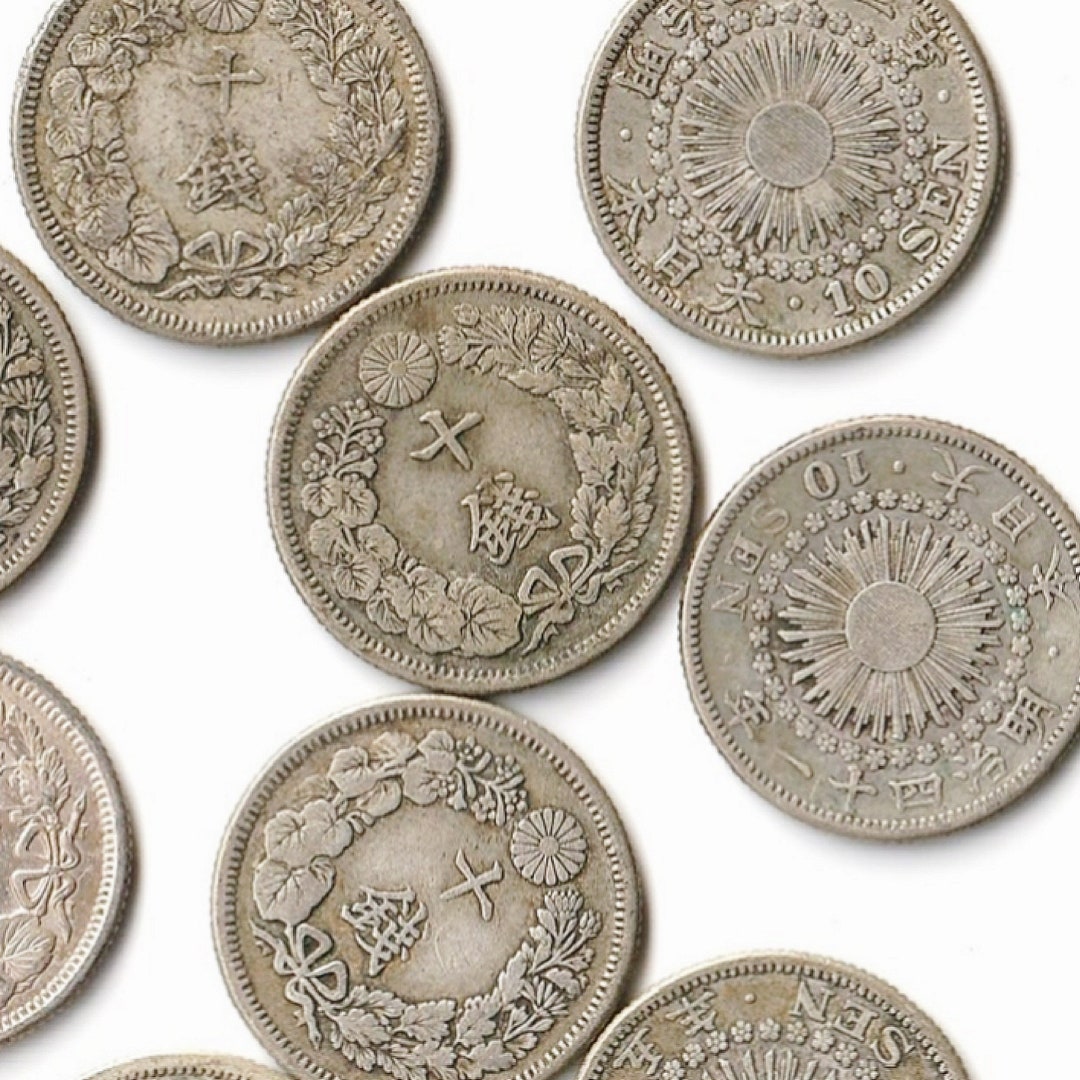 Japan 10 Sen Coin. Antique Silver Coin. Chrysanthemum Flower, Radiant ...