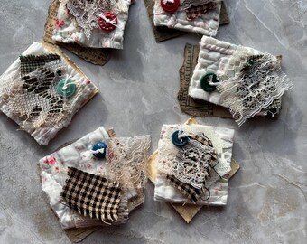 Sweet Snippet Clusters, Lot of 6 Fabric, Lace, Doily Scraps Junk Journal, Tags, Slow Stitch ...