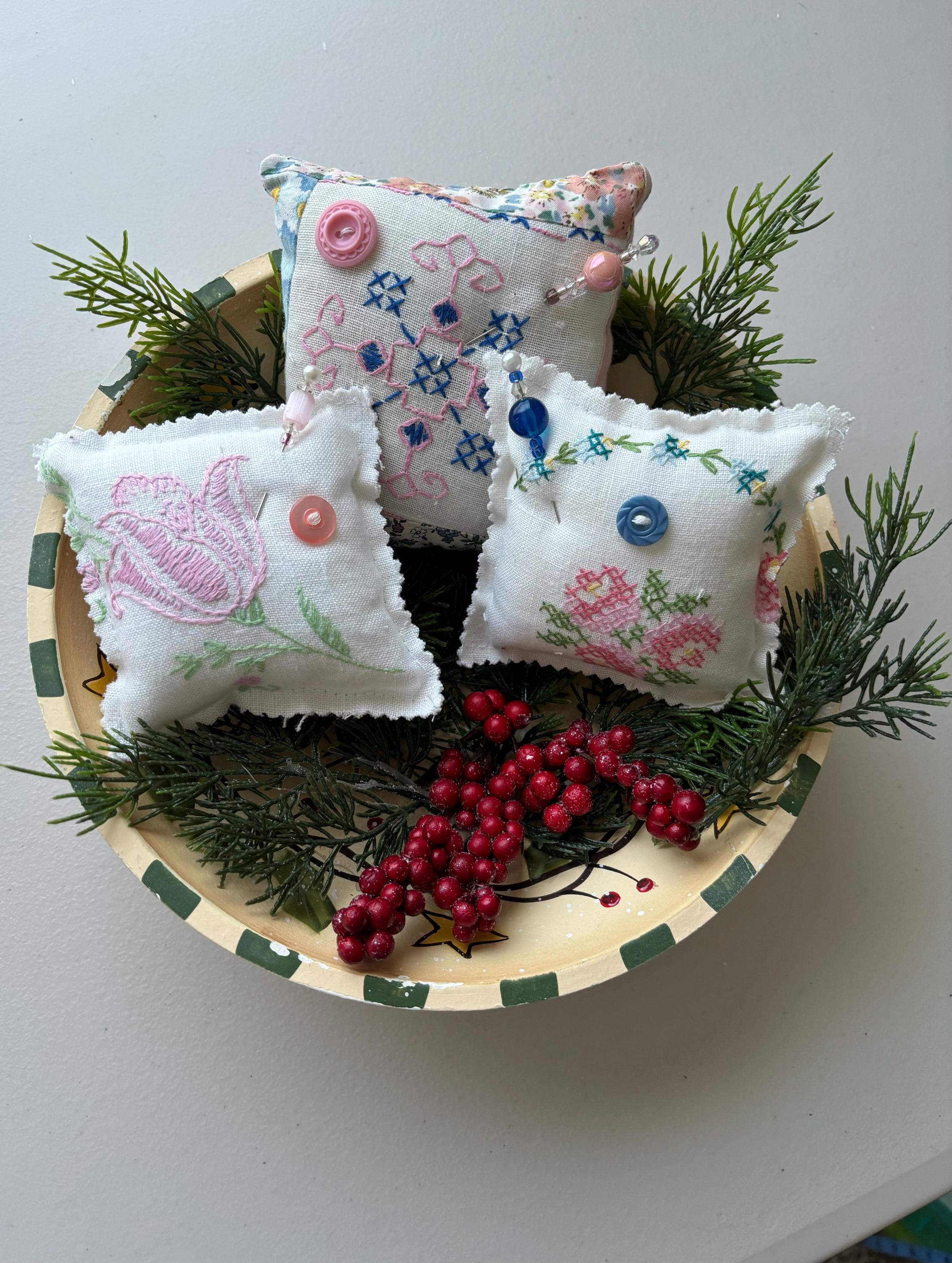 3 Handcrafted, Pin Cushions Made From Vintage Embroidered Linens ...