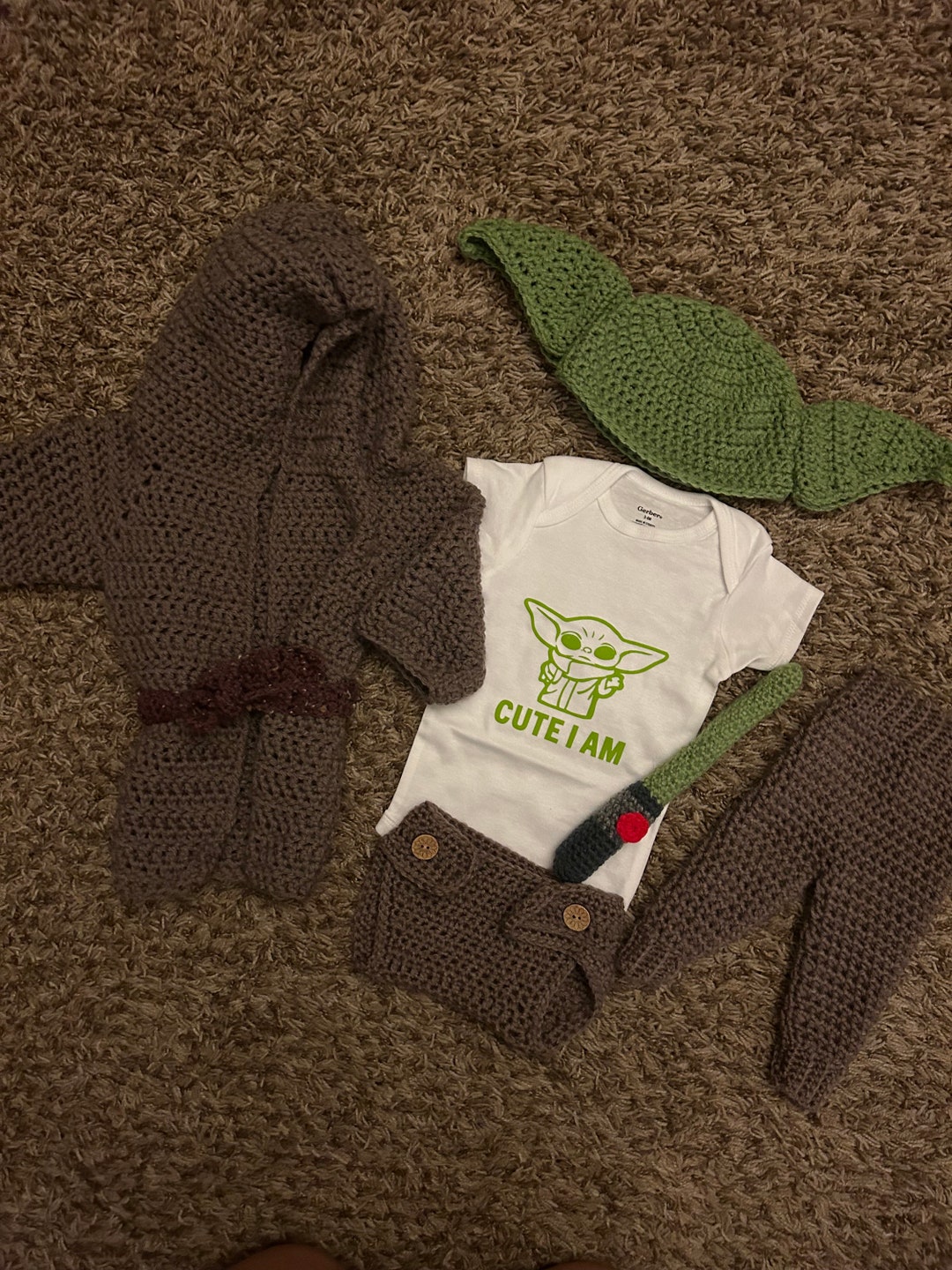 Yoda/grogu Baby Set ("cute I Am" Onsie, Robe, Diaper Cover, Pants, Hat ...