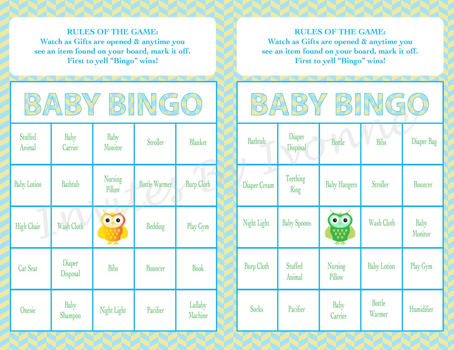 Baby Shower BINGO Game Owl Theme INSTANT DOWNLOAD Boy or Girl Set of 40 ...