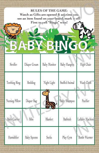 Animal Safari Shower Theme BINGO Game Boy or Girl INSTANT DOWNLOAD Set ...
