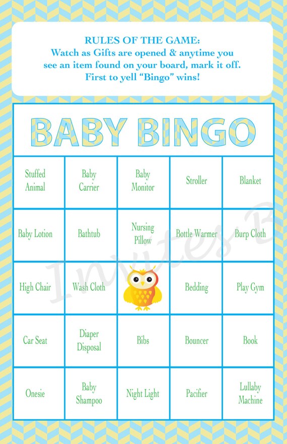 Owl Baby Shower Bingo Board