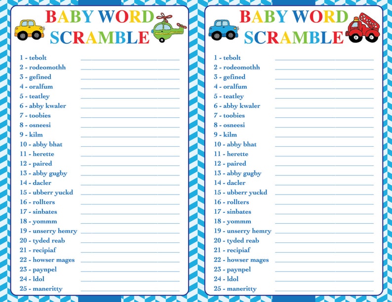 Baby Shower Game Word Scramble cars, Planes, Trains, Trucks Theme ...