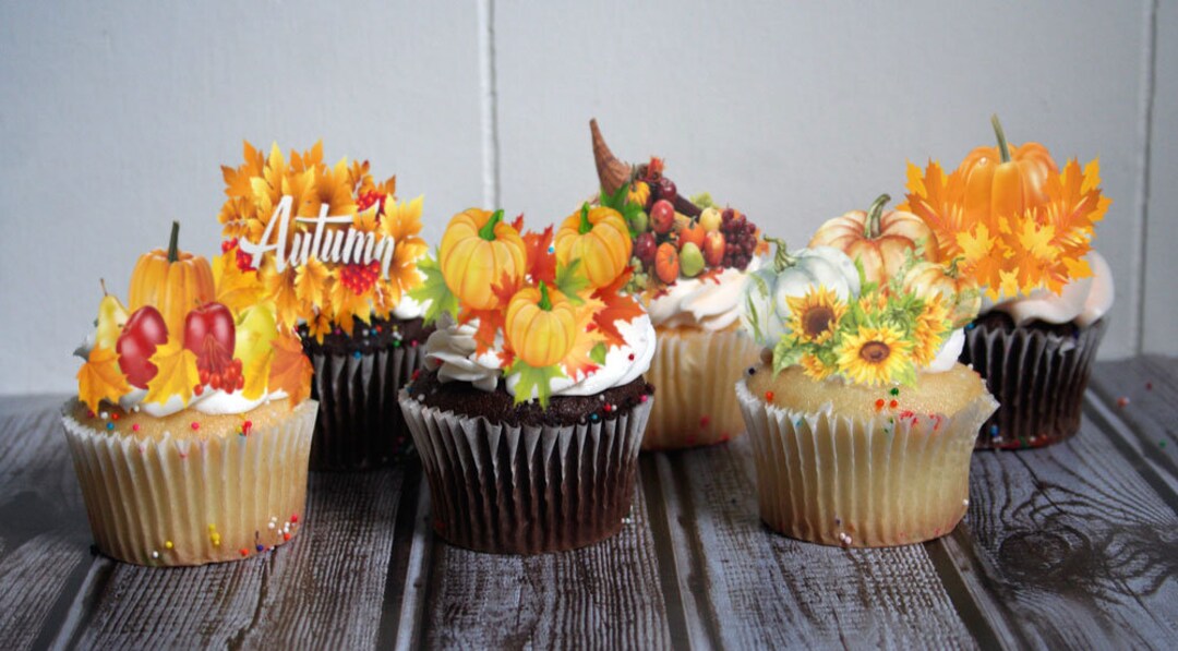 Edible Fall Cake Decorations, Fall Pumpkins and Leaves, Cupcake and ...