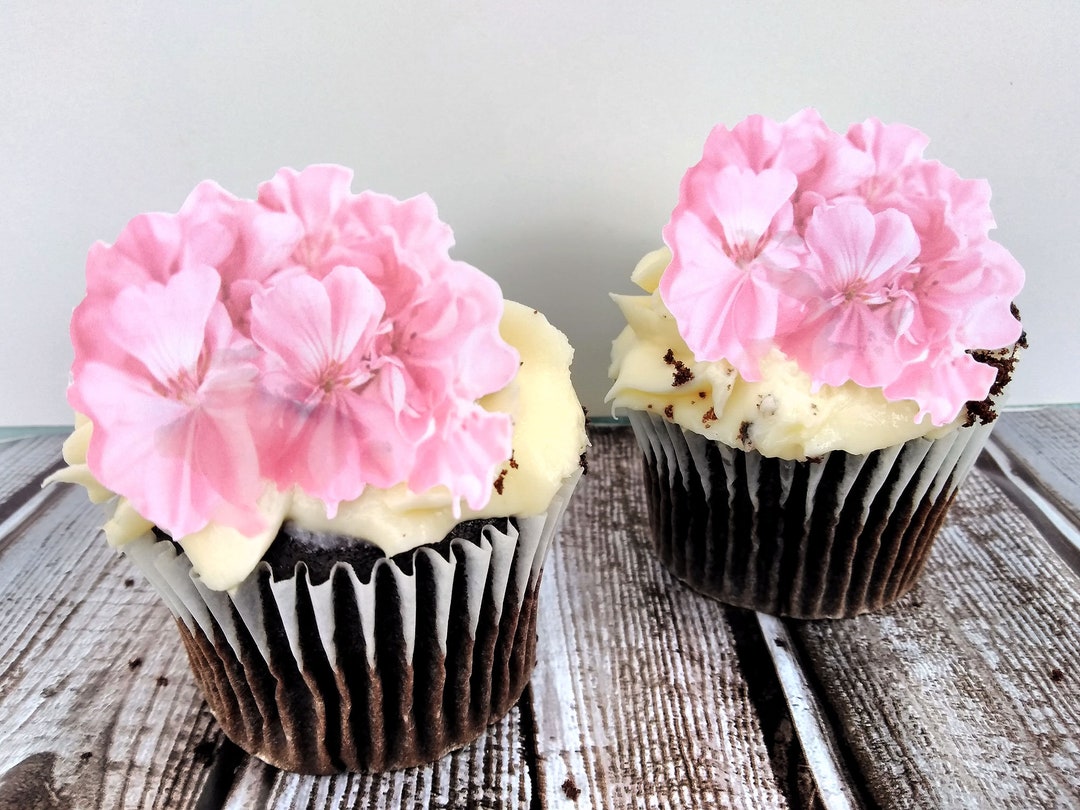 Edible Pink Flowers Cake Decorations, Pink Spring Blooms, Cupcake and ...