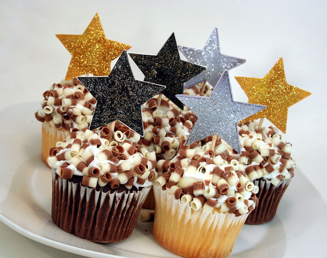 New Year's Eve Cupcake Toppers, Cake Toppers, Set of 12 Black, Gold and ...