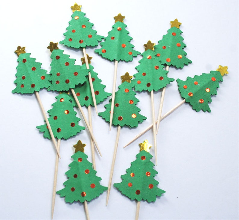 Christmas Tree Cupcake Toppers, Cake Toppers, Set of 12 Christmas Trees ...