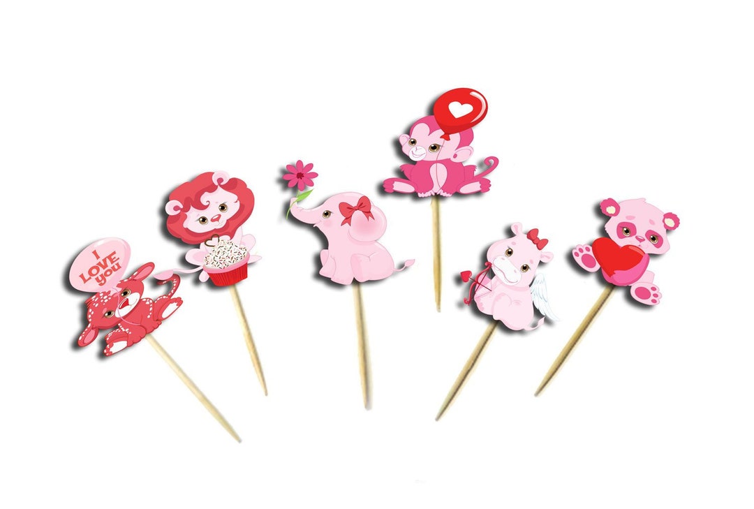 Valentine's Day Cupcake Toppers, Cake Toppers, Set of 12 Safari Animals ...