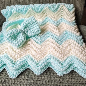Blue Green White Baby Blanket, Head Band 32"x34" Chevron Stitch ...