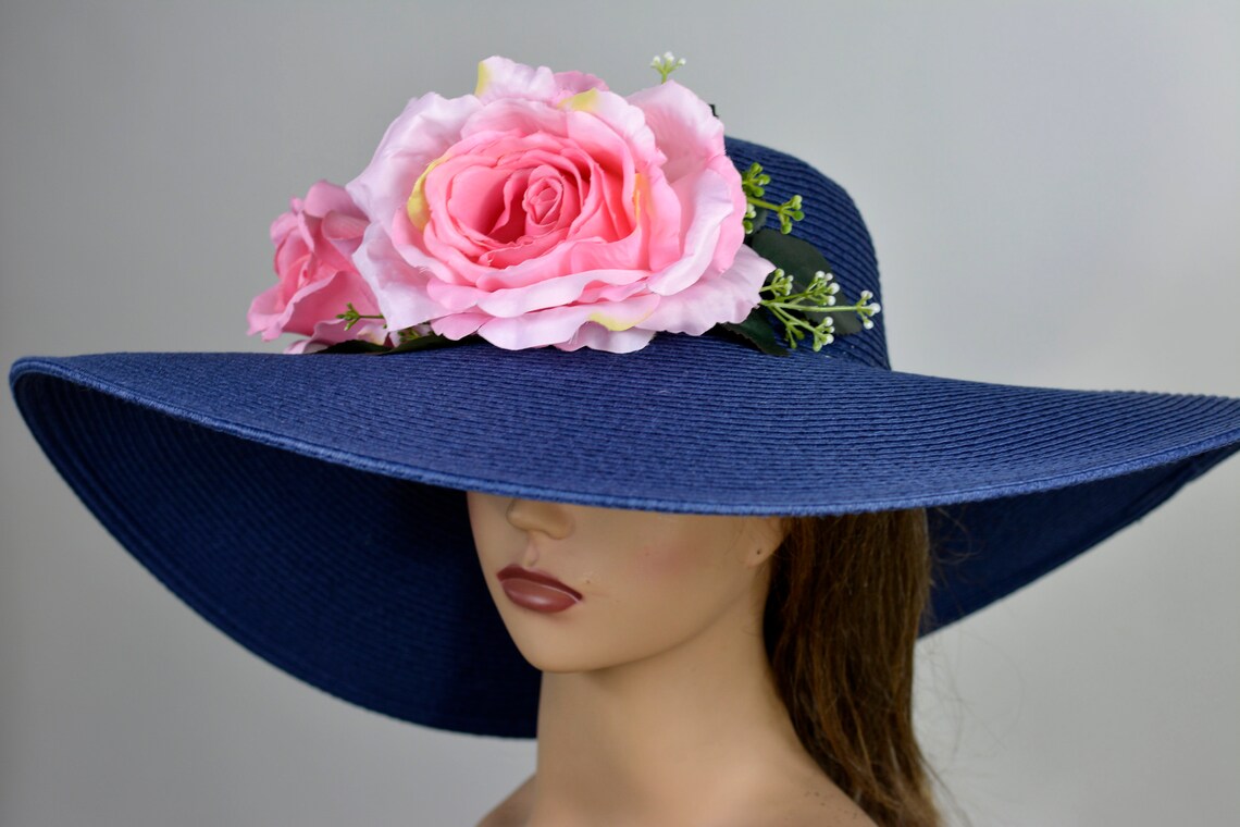 SALE Navy Blue Kentucky Derby Hat: Pink Rose Wedding Tea Party Hat - Etsy