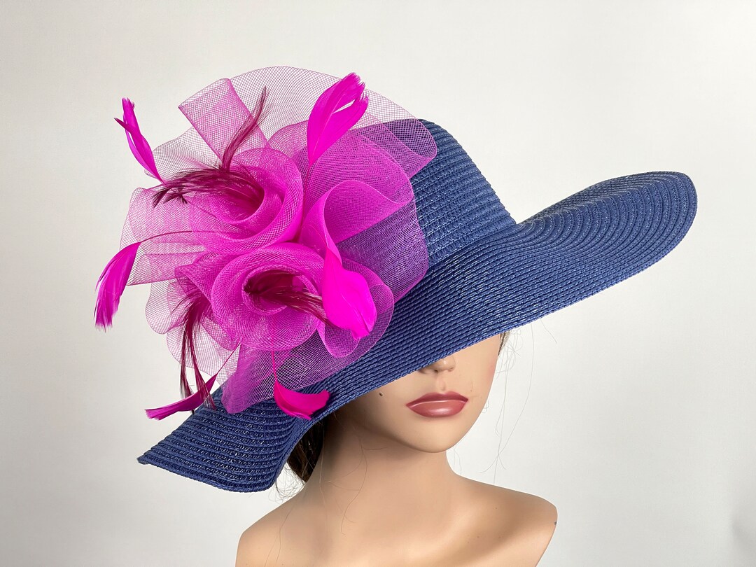 SALE Woman Navy Blue Hot Pink Hat Floppy Hat Party Hat Kentucky Derby ...