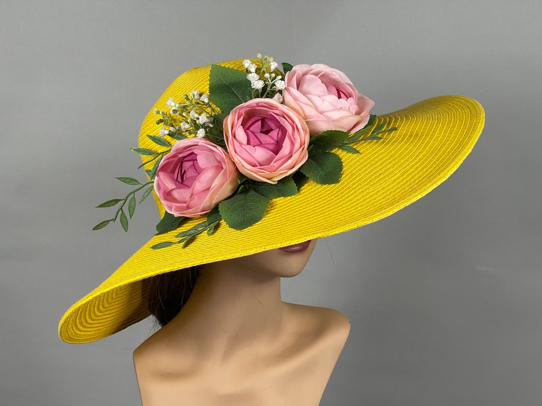 Yellow Summer Hat Floppy Wedding Hat Kentucky Derby Hat Fascinator ...