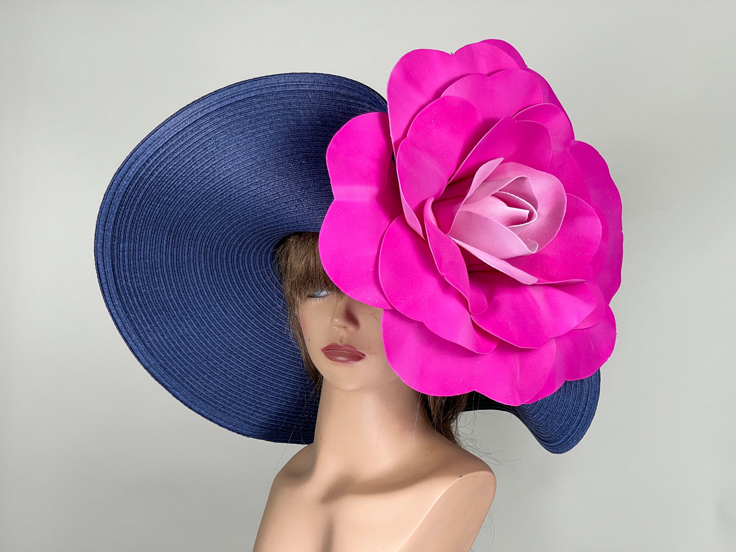 SALE Navy Blue Wide Brim Derby Hat: Hot Pink Floral Wedding Tea Party ...