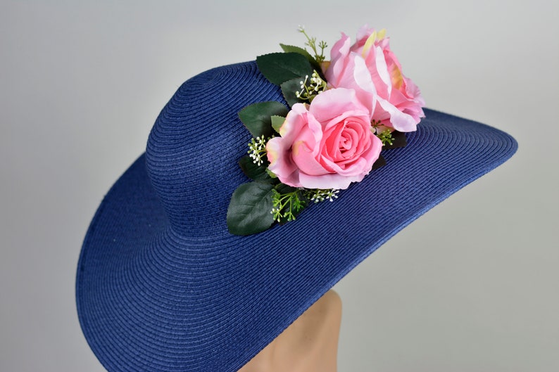 SALE Navy Blue Kentucky Derby Hat: Pink Rose Wedding Tea Party Hat - Etsy
