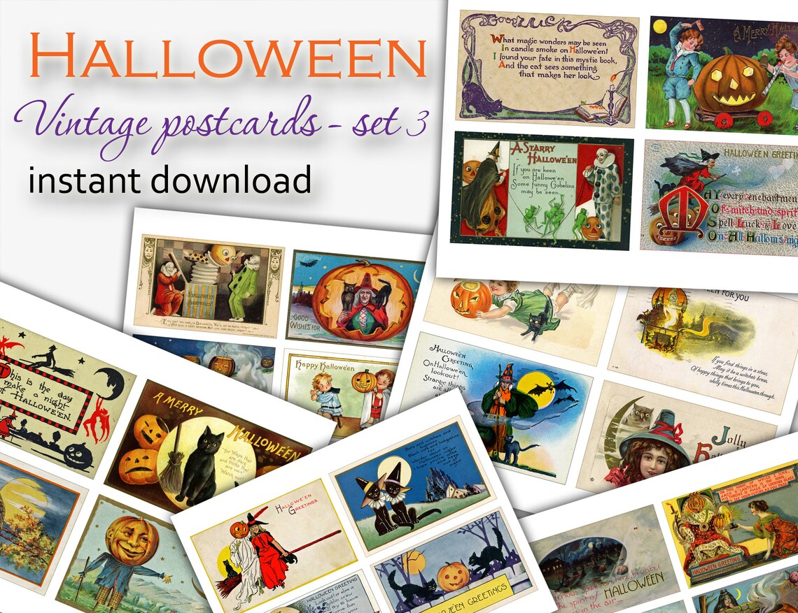 Halloween Postcards Huge Set 3 Printable Post Cards Instant | Etsy