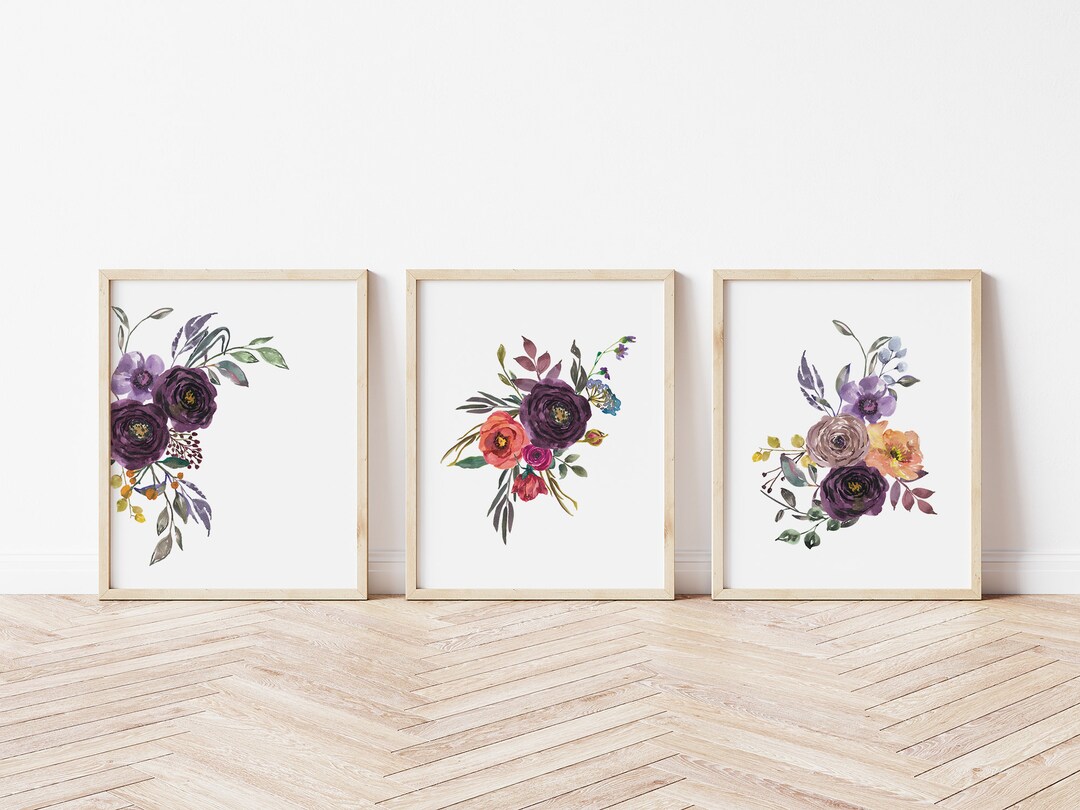 Purple Flower Downloadable Art Prints Set of 3, Printable Floral Art ...