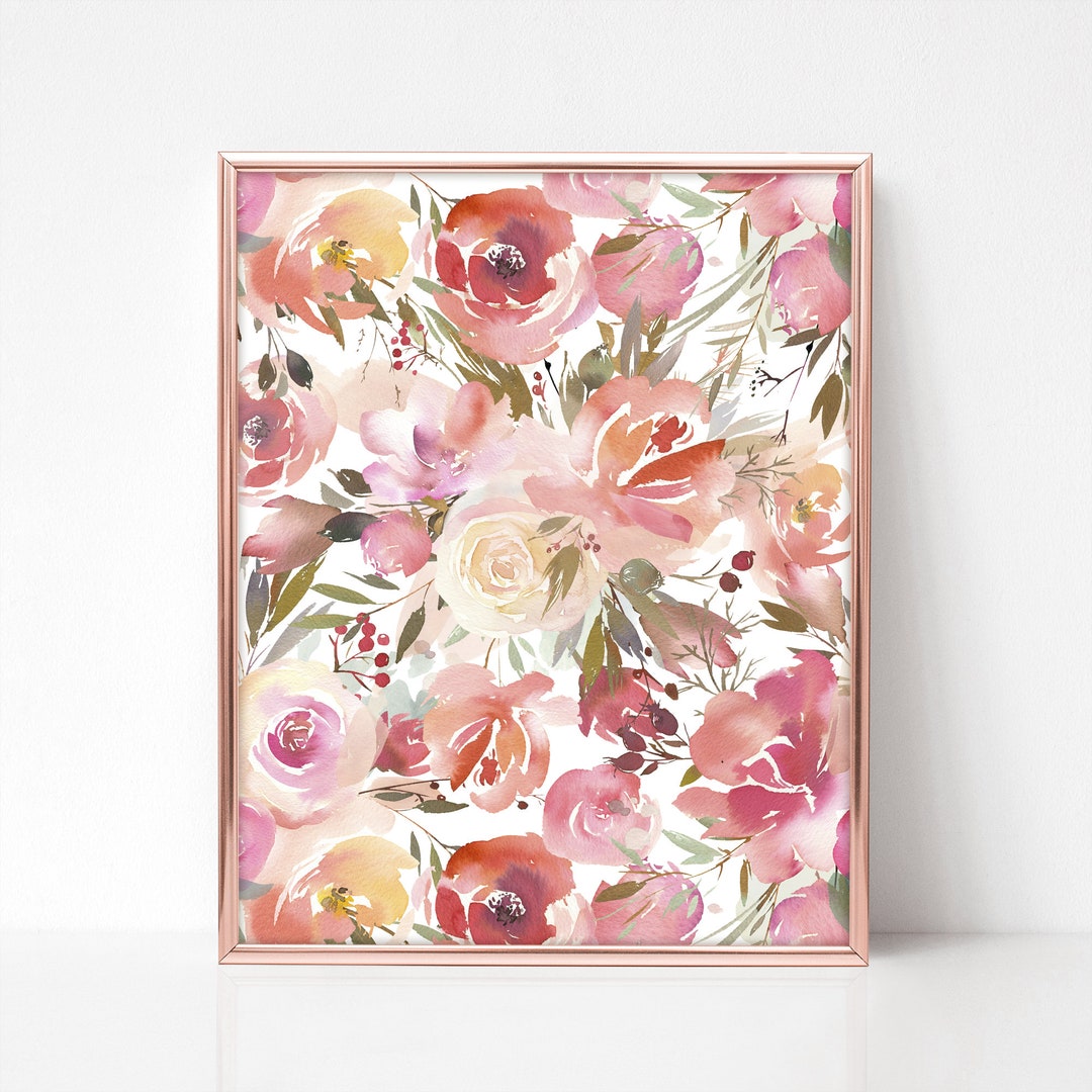 Pink Flower Printable Watercolor Art Instant Download, Dusty Rose ...