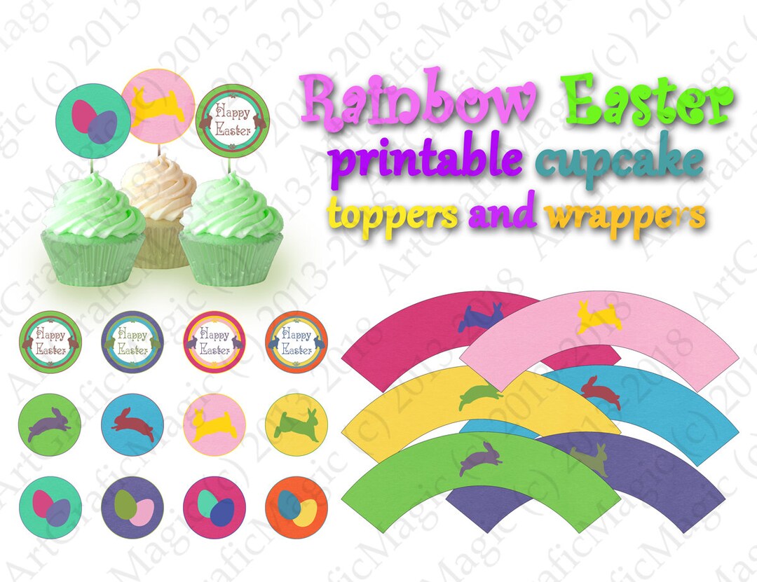 Happy Easter Cupcake Toppers and Wrappers, Printable Instant Download ...