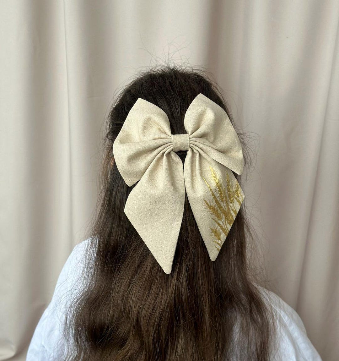 Handmade Linen Hair Bow: Beige Flower Embroidery, Girl Accessory - Etsy