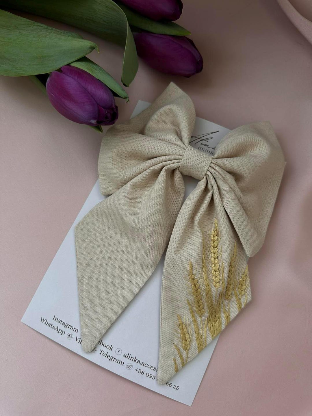 Handmade Linen Hair Bow Barrette: Embroidered Wheat Flower - Etsy
