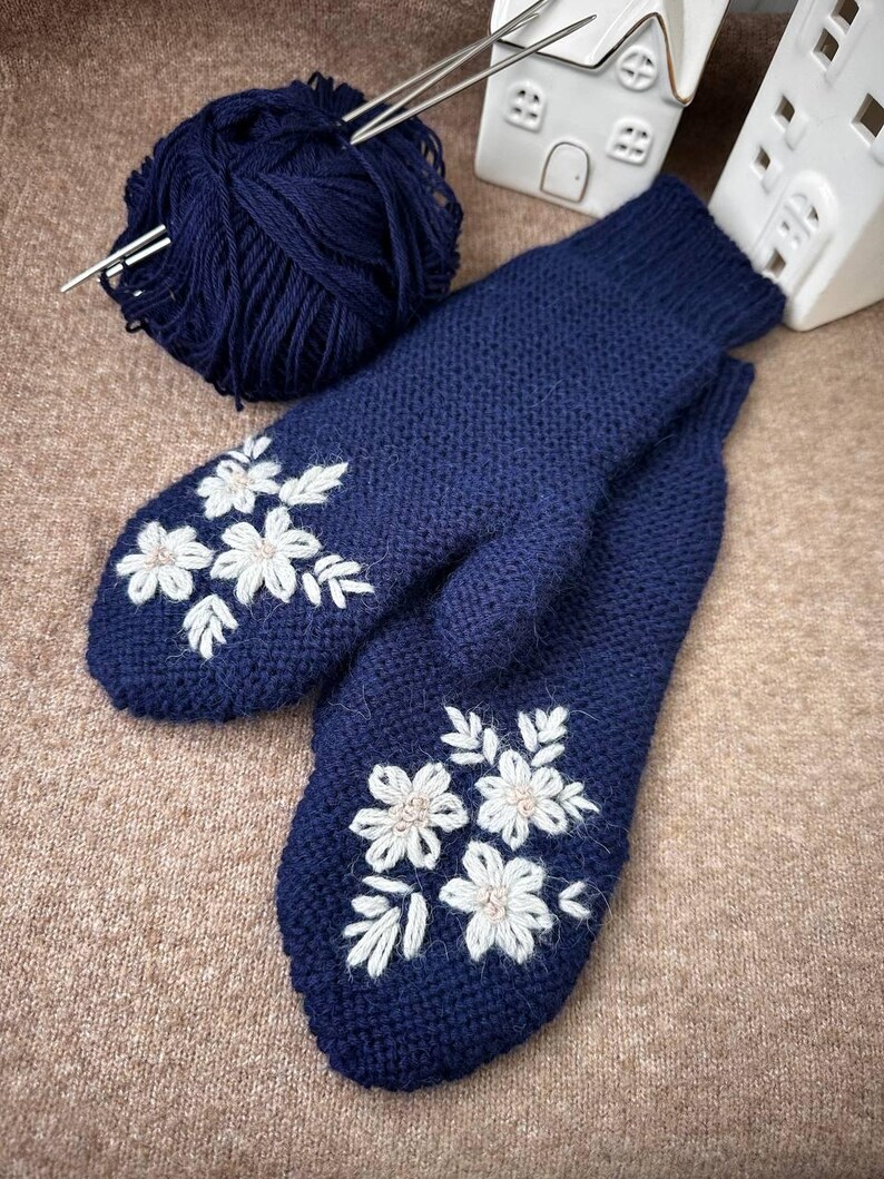 Hand Knit Floral Embroidered Mittens – Alpaca Wool Blend Winter Gloves ...