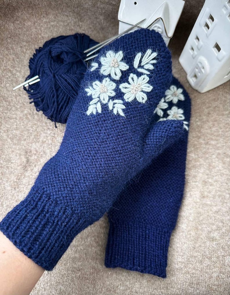 Hand Knit Floral Embroidered Mittens – Alpaca Wool Blend Winter Gloves ...