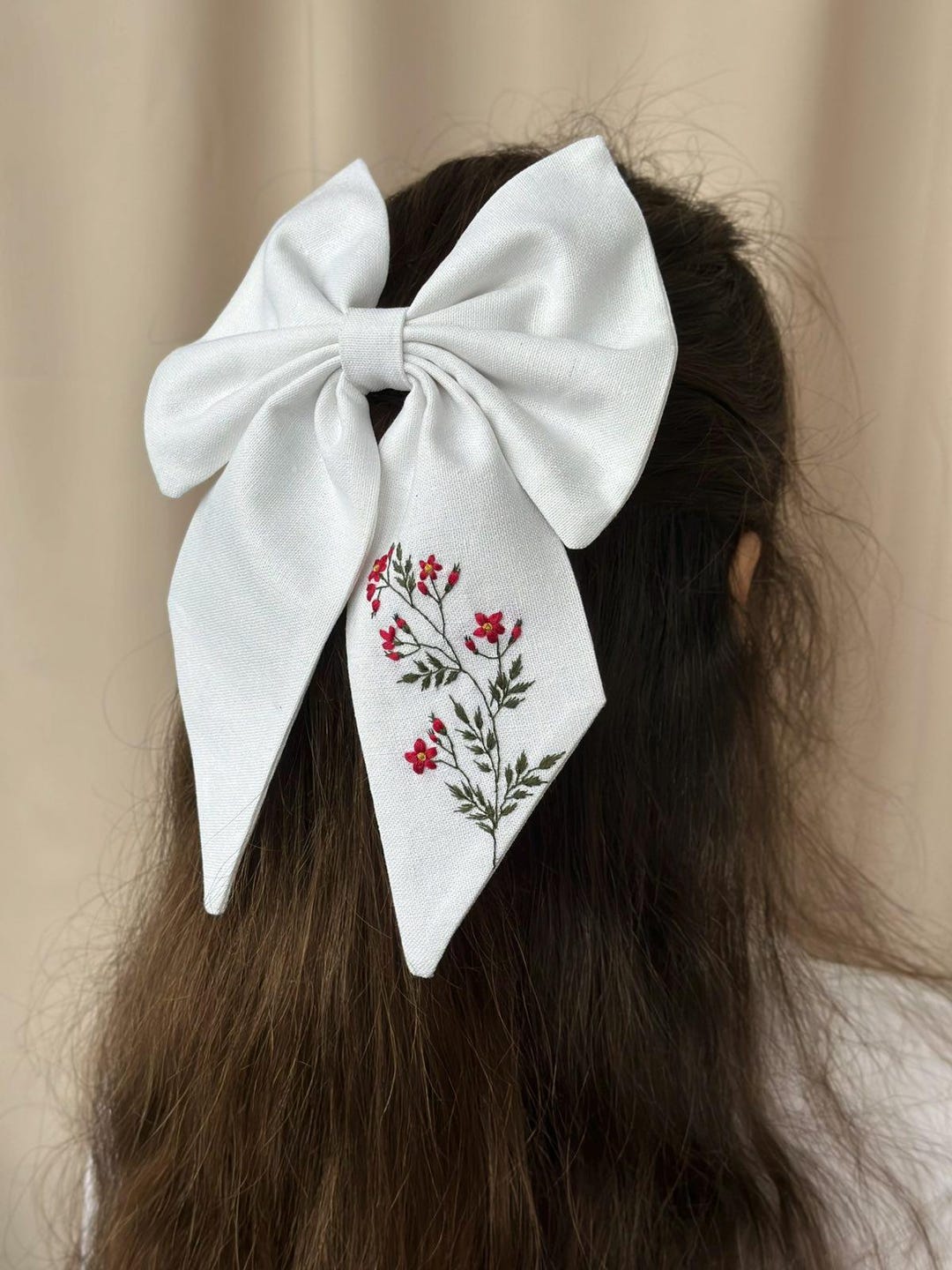 Embroidered Flower Linen Hair Bow: Handmade Hair Clip - Etsy