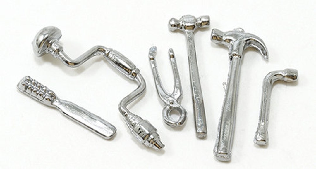 Dollhouse Miniature Set of 6 Tools Hammers/drill/snips/brush/wrench 1: ...