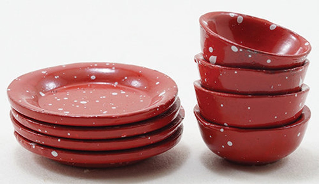 Dollhouse Miniature Red Enamelware Spatterware Bowls/plates (8 Pcs) - 1 ...